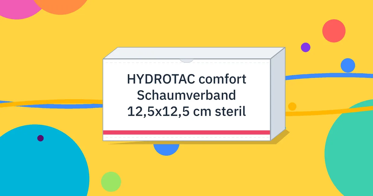 Symbolbild: Packung mit der Aufschrift HYDROTAC comfort Schaumverband 12,5x12,5 cm steril (PZN 16007665) – Verfügbarkeit und Bezug in Apotheken in Frankfurt am Main