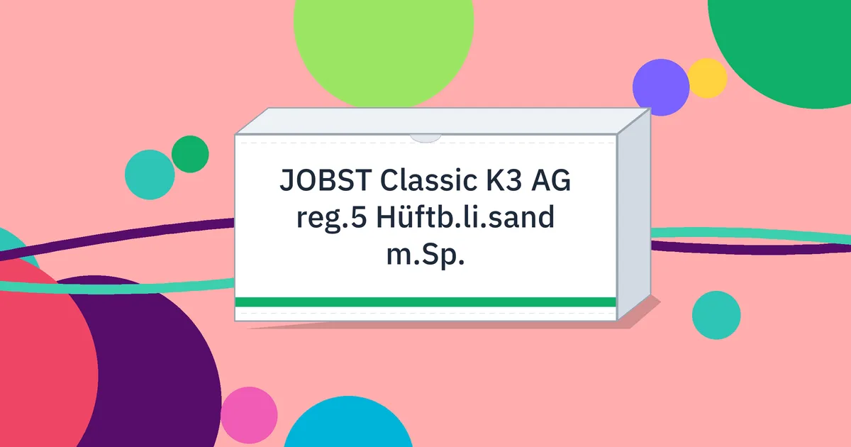 Symbolbild: Packung mit der Aufschrift JOBST Classic K3 AG reg.5 Hüftb.li.sand m.Sp. (PZN 13075436) – Verfügbarkeit und Bezug in Apotheken in Frankfurt am Main
