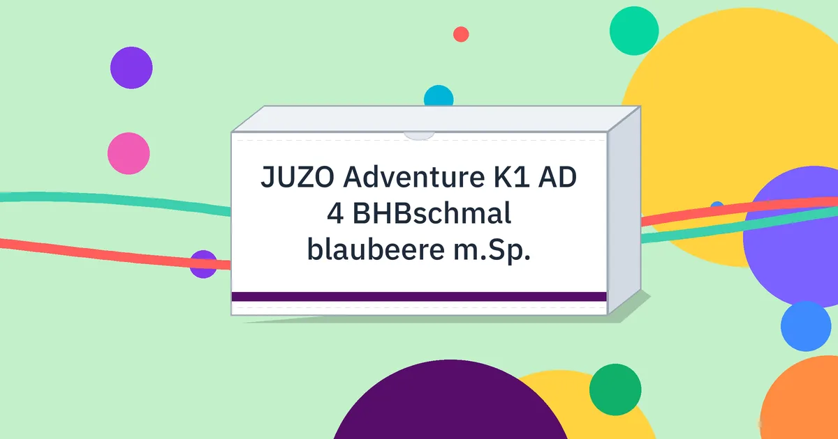 Symbolbild: Packung mit der Aufschrift JUZO Adventure K1 AD 4 BHBschmal blaubeere m.Sp. (PZN 16345391) – Verfügbarkeit und Bezug in Apotheken in Frankfurt am Main