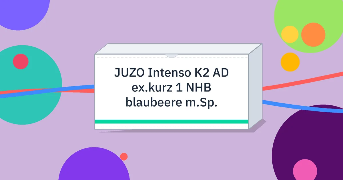 Symbolbild: Packung mit der Aufschrift JUZO Intenso K2 AD ex.kurz 1 NHB blaubeere m.Sp. (PZN 18611589) – Verfügbarkeit und Bezug in Apotheken in Frankfurt am Main