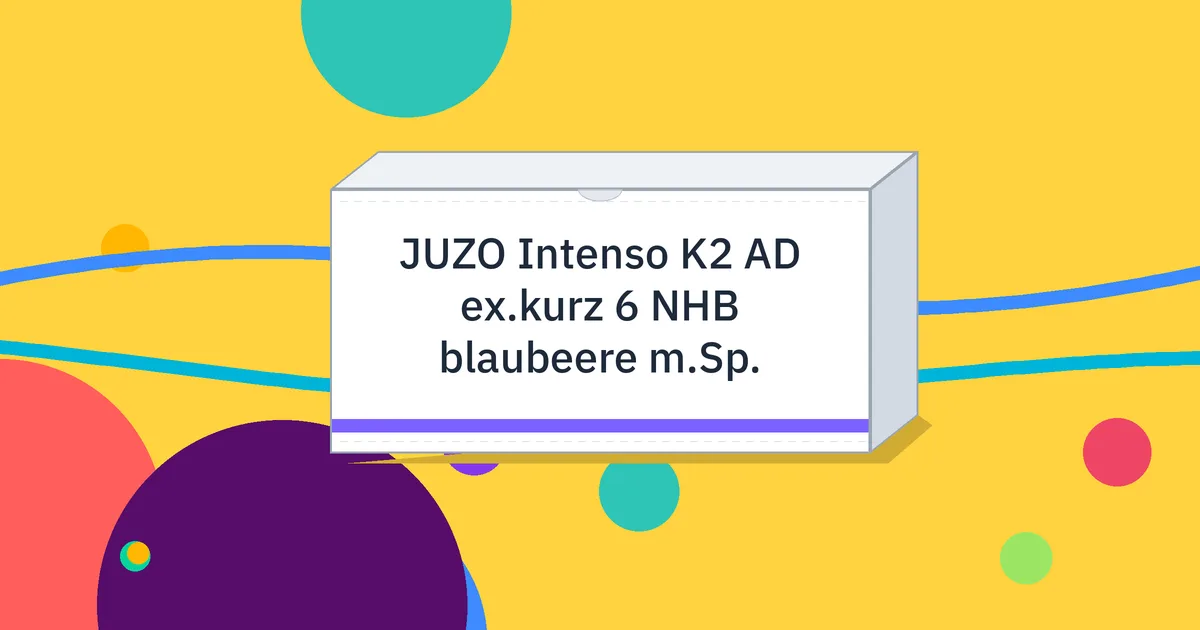 Symbolbild: Packung mit der Aufschrift JUZO Intenso K2 AD ex.kurz 6 NHB blaubeere m.Sp. (PZN 18611678) – Verfügbarkeit und Bezug in Apotheken in Frankfurt am Main