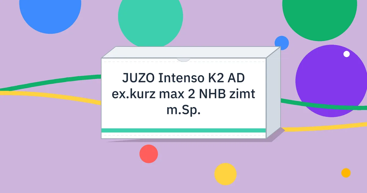 Symbolbild: Packung mit der Aufschrift JUZO Intenso K2 AD ex.kurz max 2 NHB zimt m.Sp. (PZN 18610271) – Verfügbarkeit und Bezug in Apotheken in Frankfurt am Main