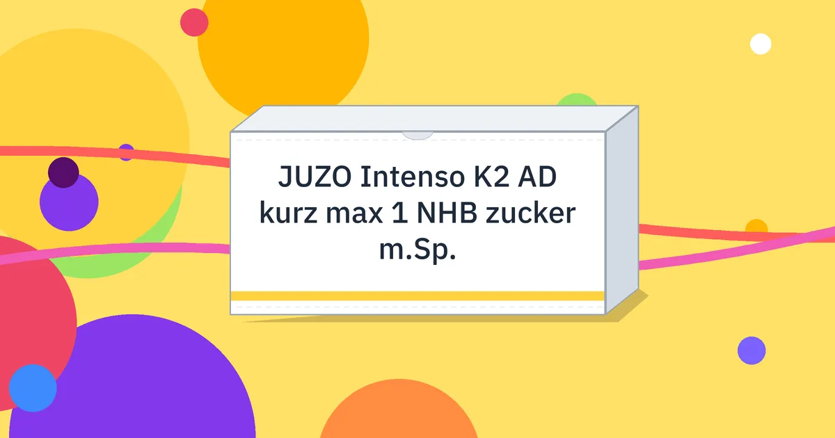 Symbolbild: Packung mit der Aufschrift JUZO Intenso K2 AD kurz max 1 NHB zucker m.Sp. (PZN 18611891) – Verfügbarkeit und Bezug in Apotheken in Frankfurt am Main