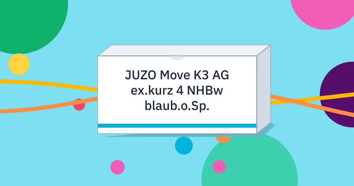 Symbolbild: Packung mit der Aufschrift JUZO Move K3 AG ex.kurz 4 NHBw blaub.o.Sp. (PZN 18596252) – Verfügbarkeit und Bezug in Apotheken in Frankfurt am Main