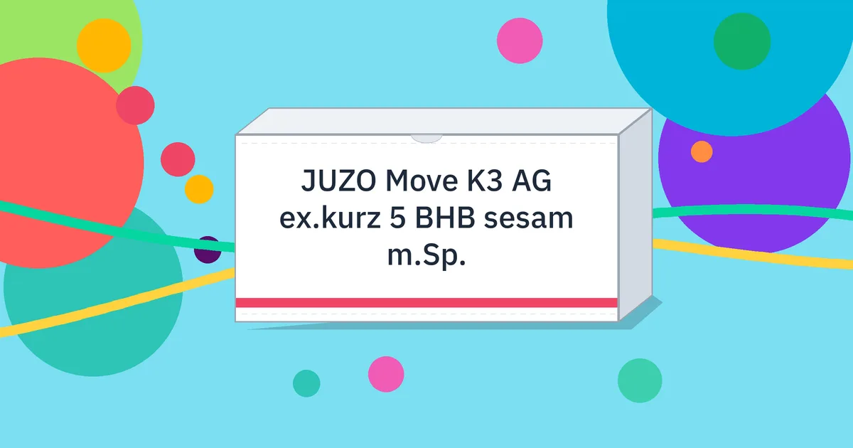 Symbolbild: Packung mit der Aufschrift JUZO Move K3 AG ex.kurz 5 BHB sesam m.Sp. (PZN 18583628) – Verfügbarkeit und Bezug in Apotheken in Frankfurt am Main