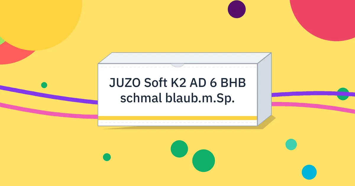 Symbolbild: Packung mit der Aufschrift JUZO Soft K2 AD 6 BHB schmal blaub.m.Sp. (PZN 15465242) – Verfügbarkeit und Bezug in Apotheken in Frankfurt am Main
