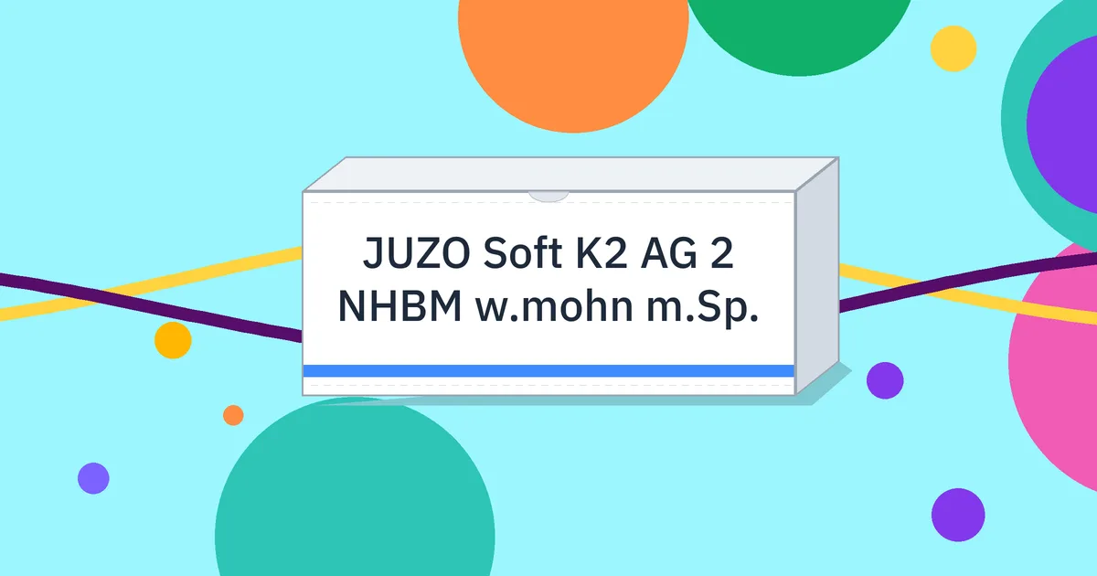 Symbolbild: Packung mit der Aufschrift JUZO Soft K2 AG 2 NHBM w.mohn m.Sp. (PZN 15018589) – Verfügbarkeit und Bezug in Apotheken in Frankfurt am Main