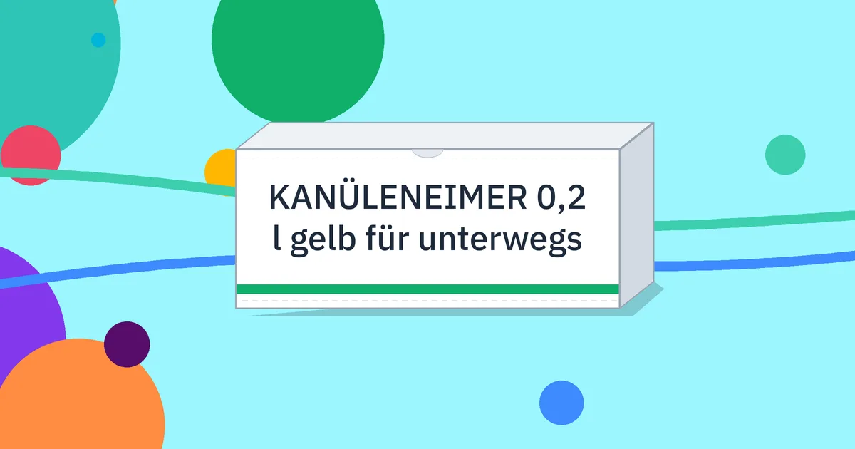 Symbolbild: Packung mit der Aufschrift KANÜLENEIMER 0,2 l gelb für unterwegs (PZN 01603172) – Verfügbarkeit und Bezug in Apotheken in Frankfurt am Main