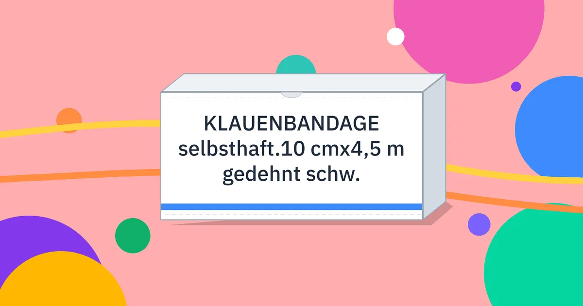 Symbolbild: Packung mit der Aufschrift KLAUENBANDAGE selbsthaft.10 cmx4,5 m gedehnt schw. (PZN 15658283) – Verfügbarkeit und Bezug in Apotheken in Frankfurt am Main