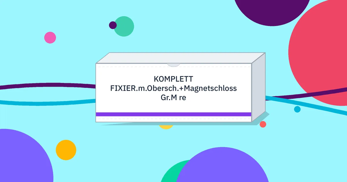Symbolbild: Packung mit der Aufschrift KOMPLETT FIXIER.m.Obersch.+Magnetschloss Gr.M re (PZN 11573785) – Verfügbarkeit und Bezug in Apotheken in Frankfurt am Main
