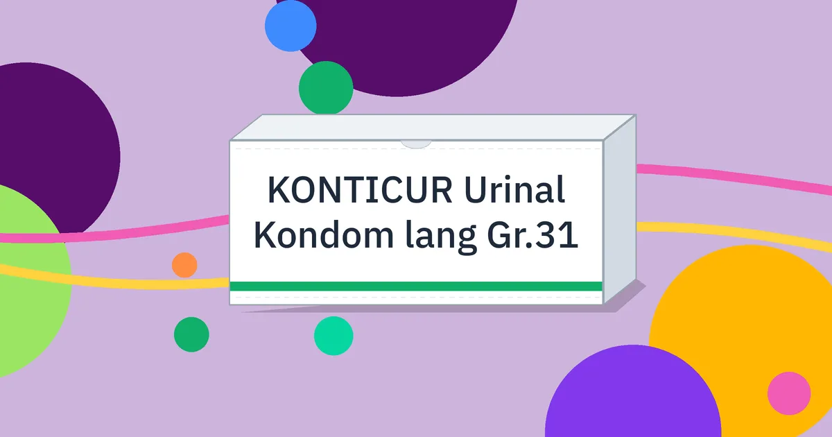 Symbolbild: Packung mit der Aufschrift KONTICUR Urinal Kondom lang Gr.31 (PZN 12659419) – Verfügbarkeit und Bezug in Apotheken in Frankfurt am Main