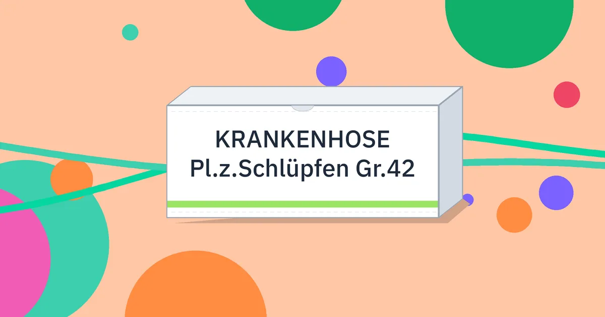 Symbolbild: Packung mit der Aufschrift KRANKENHOSE Pl.z.Schlüpfen Gr.42 (PZN 01740704) – Verfügbarkeit und Bezug in Apotheken in Frankfurt am Main