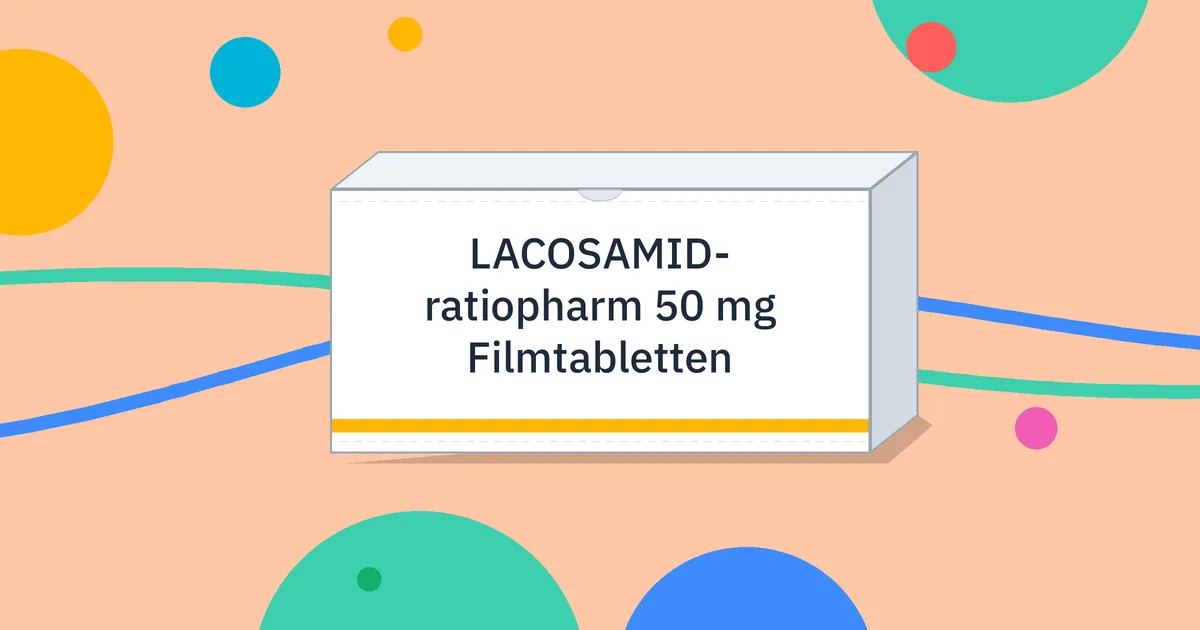 Symbolbild: Packung mit der Aufschrift LACOSAMID-ratiopharm 50 mg Filmtabletten (PZN 14308658) – Verfügbarkeit und Bezug in Apotheken in Frankfurt am Main