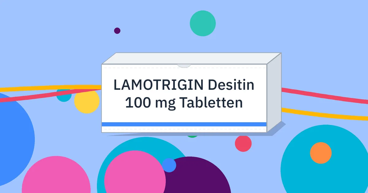 Symbolbild: Packung mit der Aufschrift LAMOTRIGIN Desitin 100 mg Tabletten (PZN 03360845) – Verfügbarkeit und Bezug in Apotheken in Frankfurt am Main