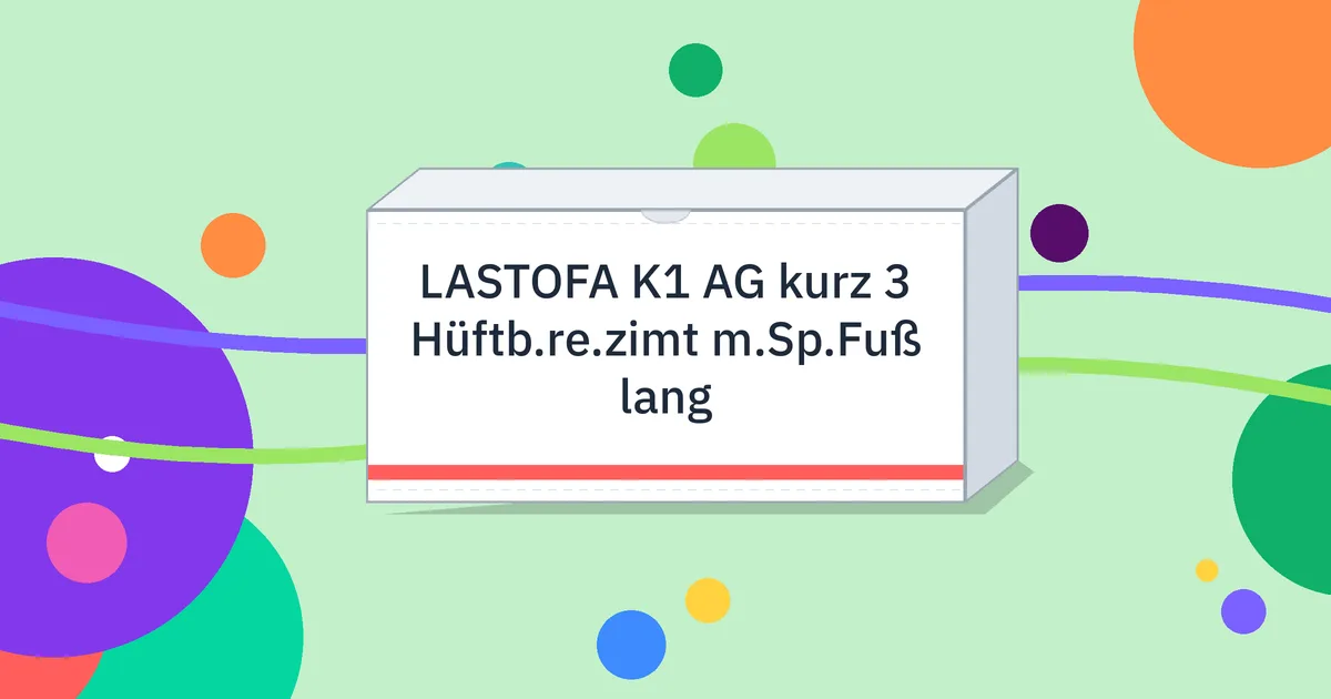 Symbolbild: Packung mit der Aufschrift LASTOFA K1 AG kurz 3 Hüftb.re.zimt m.Sp.Fuß lang (PZN 13798034) – Verfügbarkeit und Bezug in Apotheken in Frankfurt am Main
