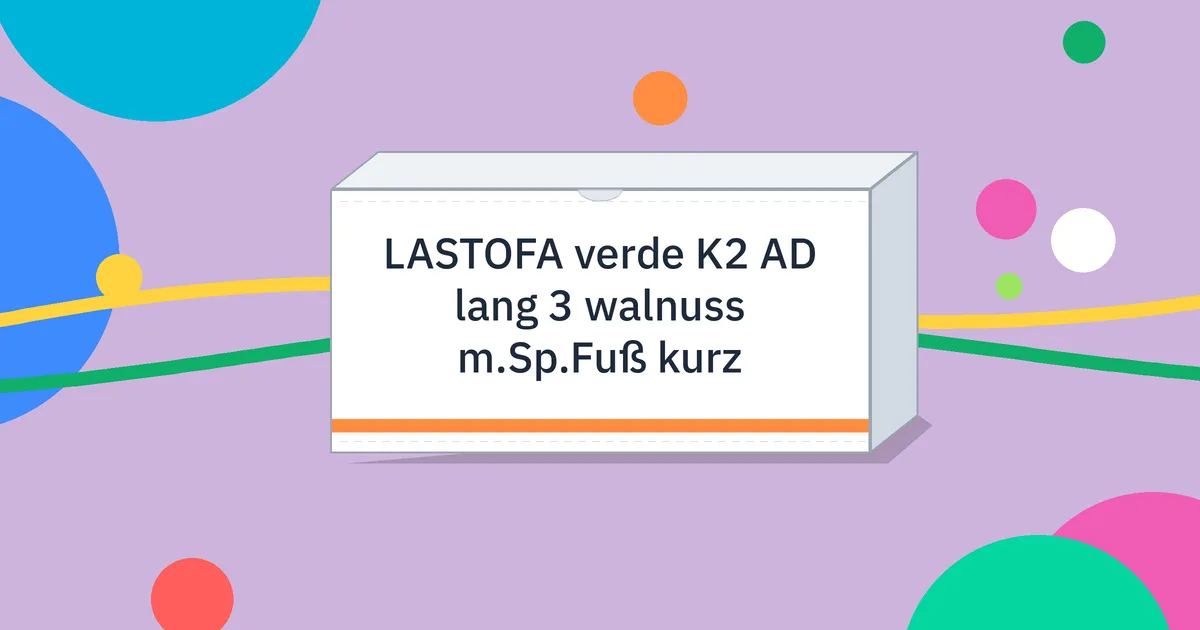 Symbolbild: Packung mit der Aufschrift LASTOFA verde K2 AD lang 3 walnuss m.Sp.Fuß kurz (PZN 16721730) – Verfügbarkeit und Bezug in Apotheken in Frankfurt am Main