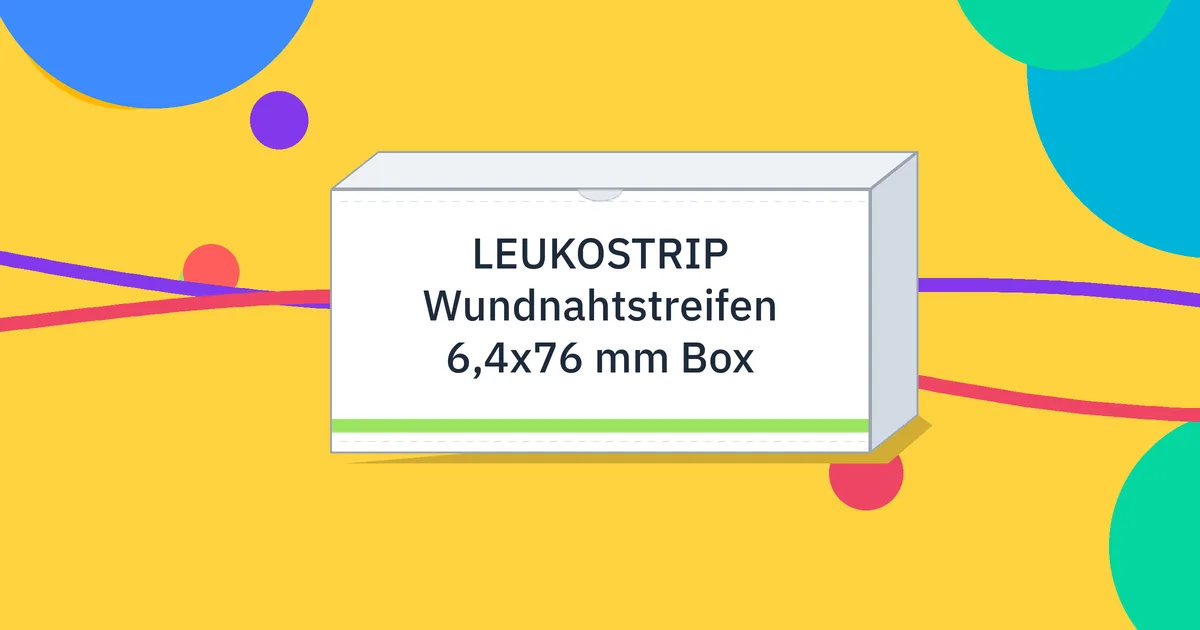 Symbolbild: Packung mit der Aufschrift LEUKOSTRIP Wundnahtstreifen 6,4x76 mm Box (PZN 14373035) – Verfügbarkeit und Bezug in Apotheken in Frankfurt am Main