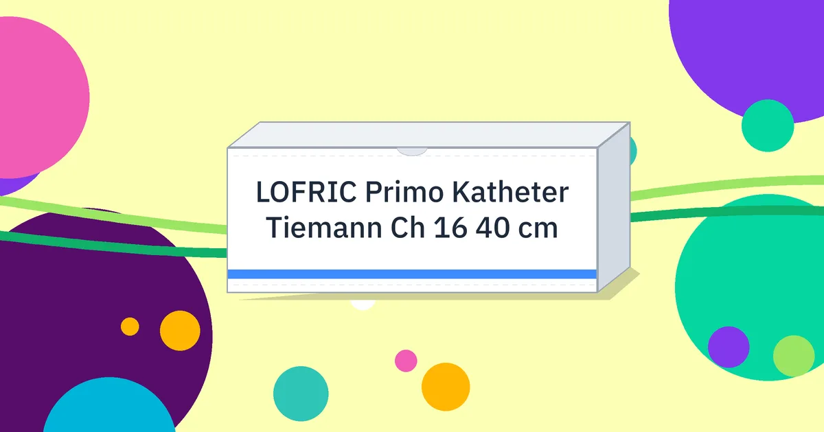 Symbolbild: Packung mit der Aufschrift LOFRIC Primo Katheter Tiemann Ch 16 40 cm (PZN 16672279) – Verfügbarkeit und Bezug in Apotheken in Frankfurt am Main