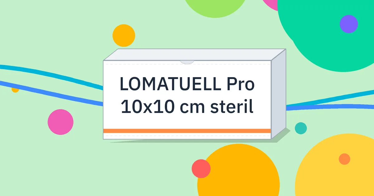 Symbolbild: Packung mit der Aufschrift LOMATUELL Pro 10x10 cm steril (PZN 19542494) – Verfügbarkeit und Bezug in Apotheken in Frankfurt am Main
