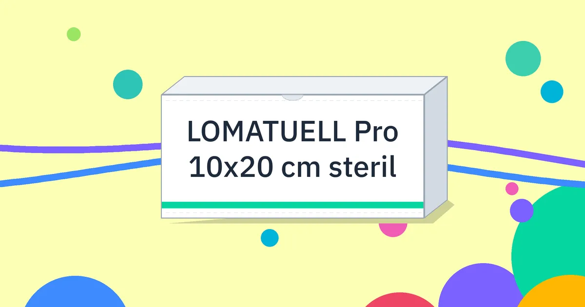 Symbolbild: Packung mit der Aufschrift LOMATUELL Pro 10x20 cm steril (PZN 19542502) – Verfügbarkeit und Bezug in Apotheken in Frankfurt am Main
