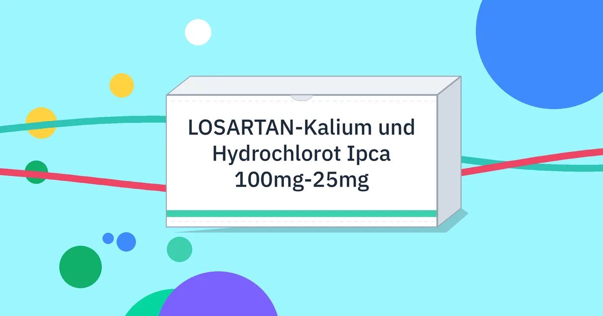 Symbolbild: Packung mit der Aufschrift LOSARTAN-Kalium und Hydrochlorot Ipca 100mg-25mg (PZN 19744594) – Verfügbarkeit und Bezug in Apotheken in Frankfurt am Main