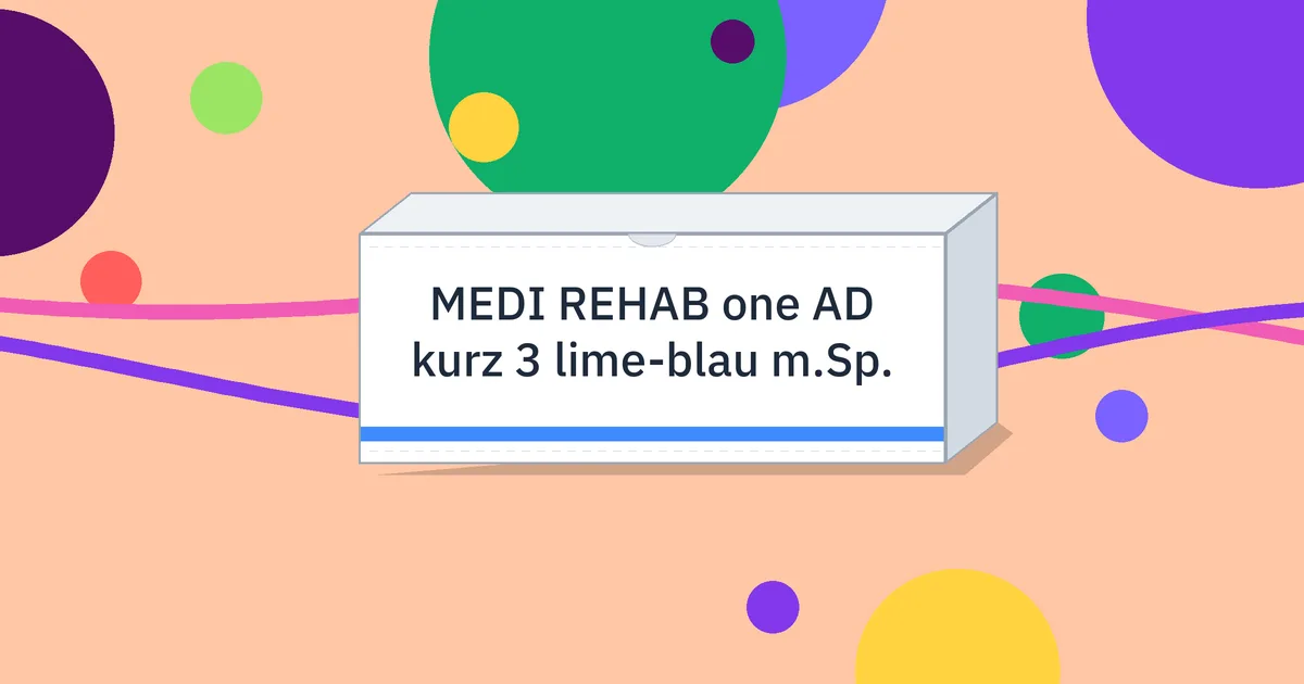 Symbolbild: Packung mit der Aufschrift MEDI REHAB one AD kurz 3 lime-blau m.Sp. (PZN 16753463) – Verfügbarkeit und Bezug in Apotheken in Frankfurt am Main