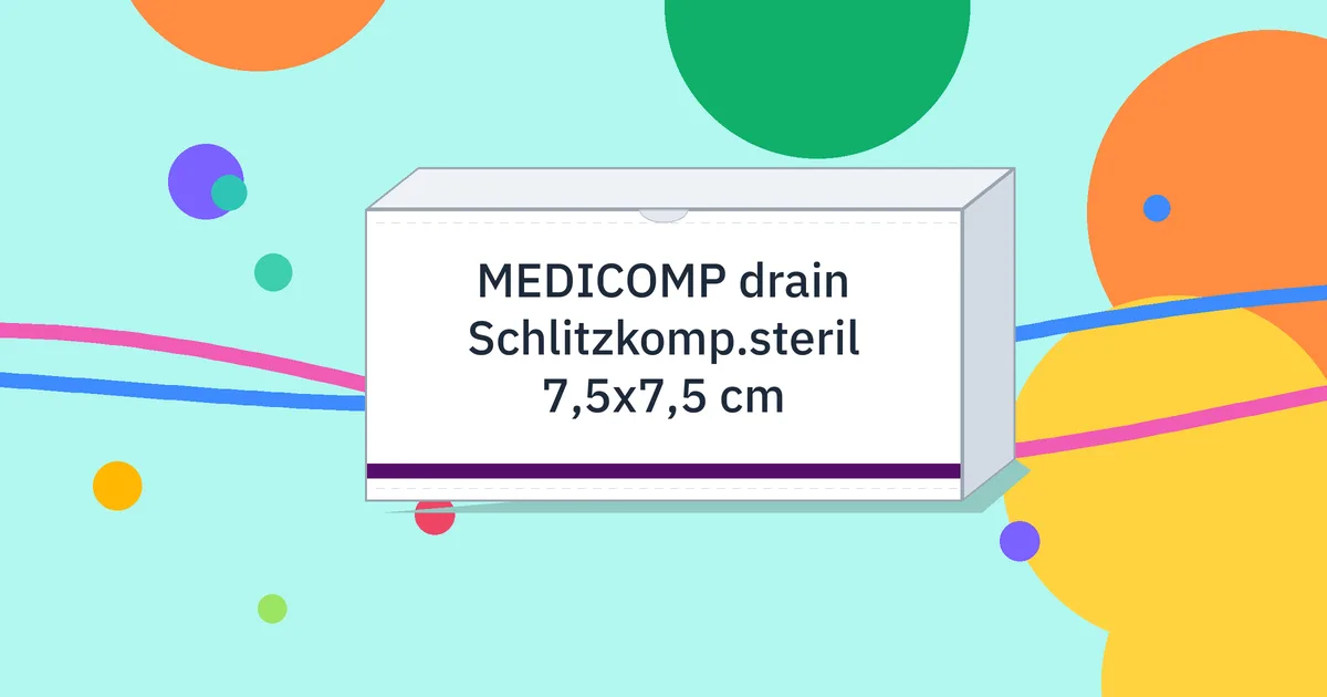 Symbolbild: Packung mit der Aufschrift MEDICOMP drain Schlitzkomp.steril 7,5x7,5 cm (PZN 10792640) – Verfügbarkeit und Bezug in Apotheken in Frankfurt am Main