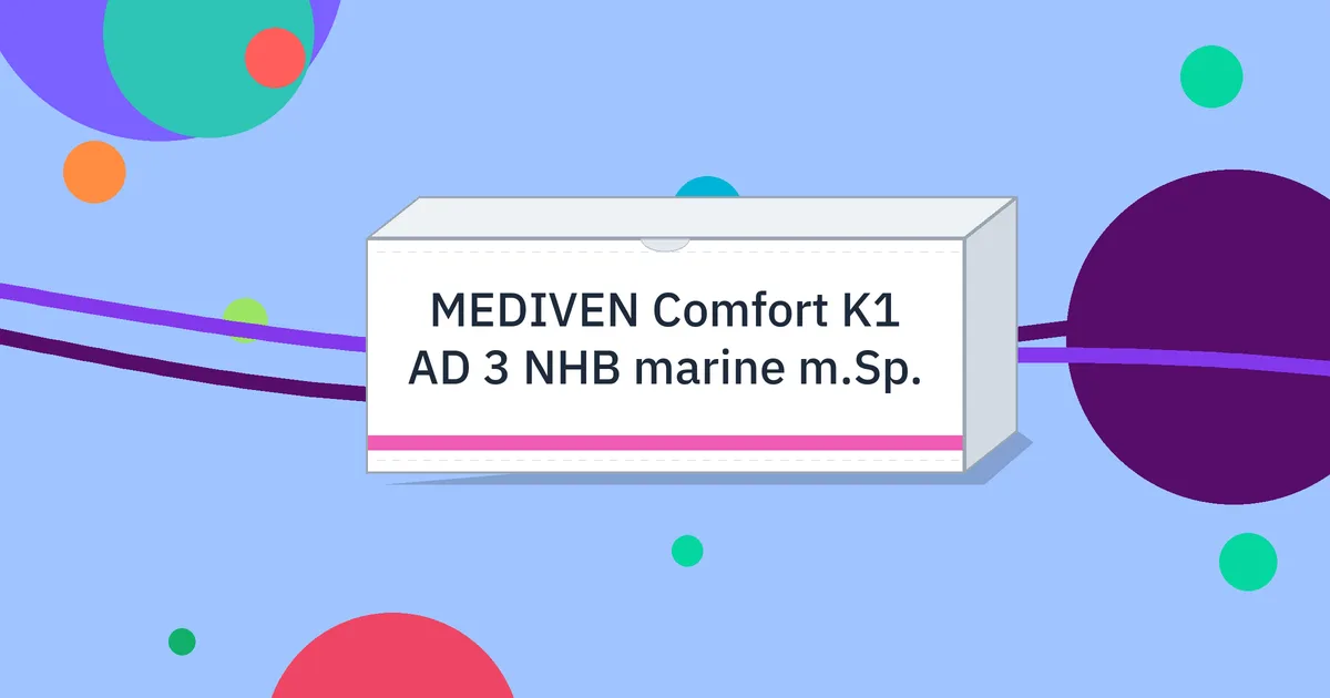 Symbolbild: Packung mit der Aufschrift MEDIVEN Comfort K1 AD 3 NHB marine m.Sp. (PZN 14560978) – Verfügbarkeit und Bezug in Apotheken in Frankfurt am Main