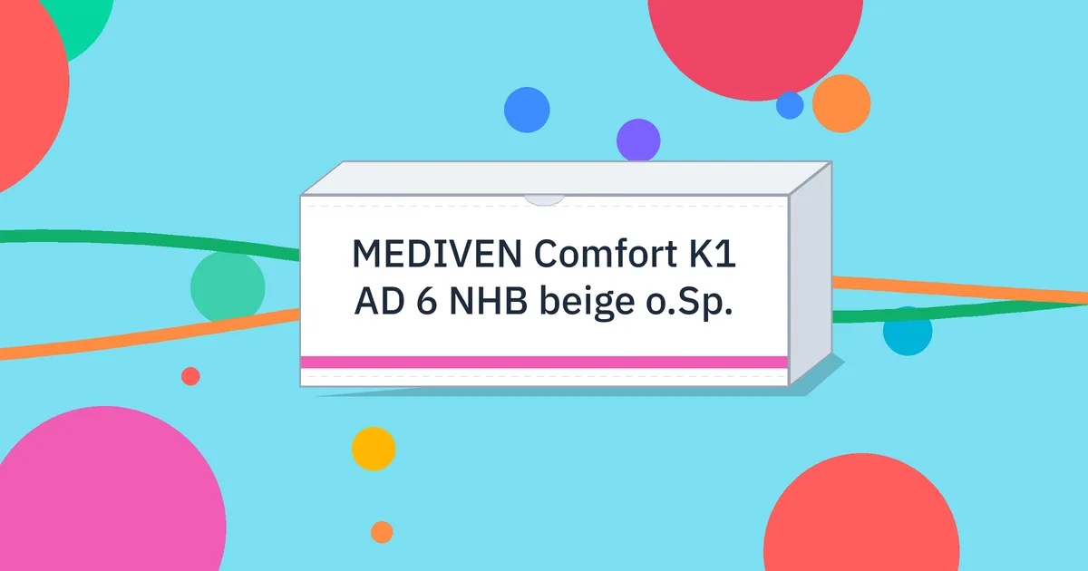 Symbolbild: Packung mit der Aufschrift MEDIVEN Comfort K1 AD 6 NHB beige o.Sp. (PZN 14560671) – Verfügbarkeit und Bezug in Apotheken in Frankfurt am Main