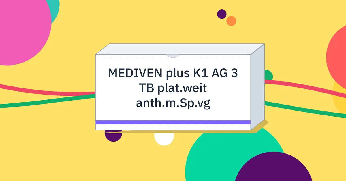 Symbolbild: Packung mit der Aufschrift MEDIVEN plus K1 AG 3 TB plat.weit anth.m.Sp.vg (PZN 15060930) – Verfügbarkeit und Bezug in Apotheken in Frankfurt am Main