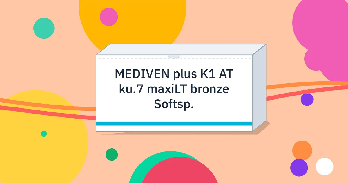 Symbolbild: Packung mit der Aufschrift MEDIVEN plus K1 AT ku.7 maxiLT bronze Softsp. (PZN 15069865) – Verfügbarkeit und Bezug in Apotheken in Frankfurt am Main