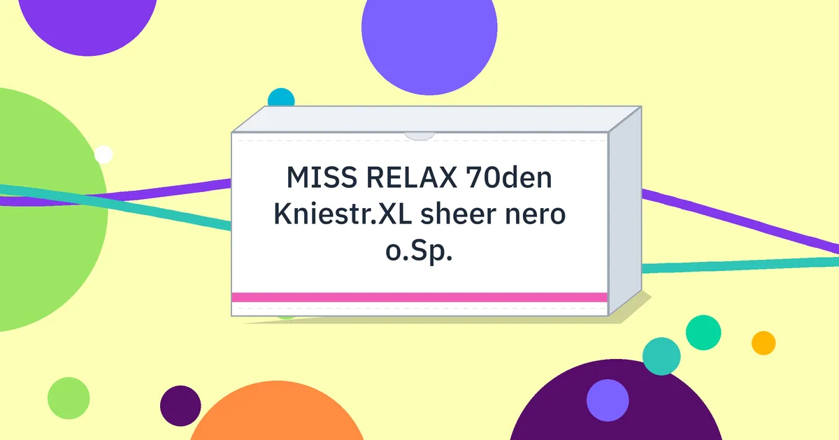 Symbolbild: Packung mit der Aufschrift MISS RELAX 70den Kniestr.XL sheer nero o.Sp. (PZN 20289758) – Verfügbarkeit und Bezug in Apotheken in Frankfurt am Main