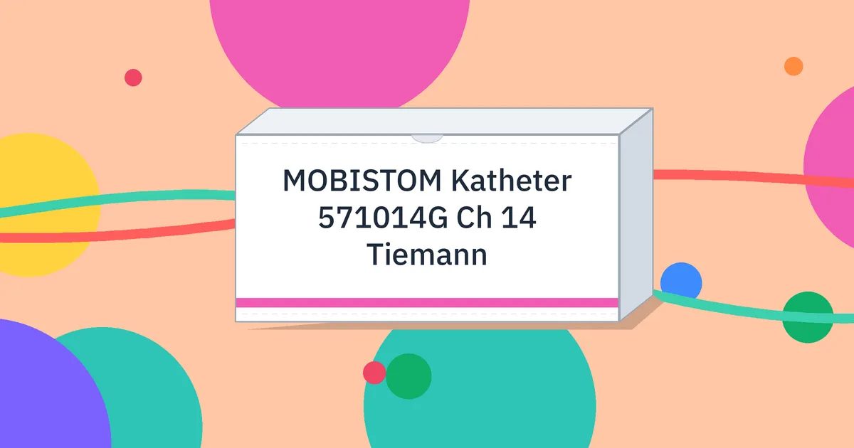 Symbolbild: Packung mit der Aufschrift MOBISTOM Katheter 571014G Ch 14 Tiemann (PZN 08727492) – Verfügbarkeit und Bezug in Apotheken in Frankfurt am Main