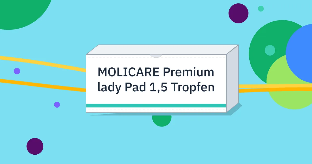 Symbolbild: Packung mit der Aufschrift MOLICARE Premium lady Pad 1,5 Tropfen (PZN 13982358) – Verfügbarkeit und Bezug in Apotheken in Frankfurt am Main