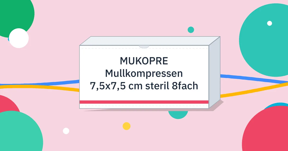 Symbolbild: Packung mit der Aufschrift MUKOPRE Mullkompressen 7,5x7,5 cm steril 8fach (PZN 19721216) – Verfügbarkeit und Bezug in Apotheken in Frankfurt am Main