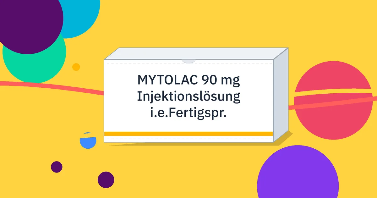 Symbolbild: Packung mit der Aufschrift MYTOLAC 90 mg Injektionslösung i.e.Fertigspr. (PZN 17209081) – Verfügbarkeit und Bezug in Apotheken in Frankfurt am Main