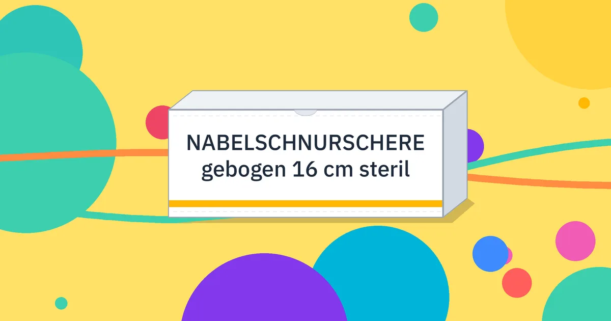 Symbolbild: Packung mit der Aufschrift NABELSCHNURSCHERE gebogen 16 cm steril (PZN 17248164) – Verfügbarkeit und Bezug in Apotheken in Frankfurt am Main