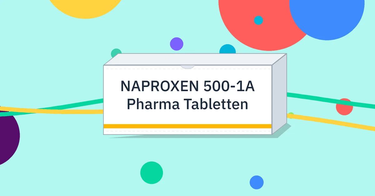 Symbolbild: Packung mit der Aufschrift NAPROXEN 500-1A Pharma Tabletten (PZN 06312628) – Verfügbarkeit und Bezug in Apotheken in Frankfurt am Main