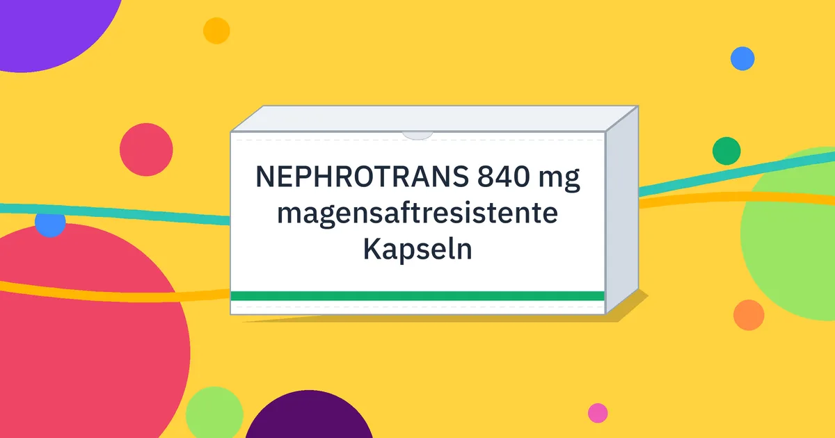 Symbolbild: Packung mit der Aufschrift NEPHROTRANS 840 mg magensaftresistente Kapseln (PZN 03949271) – Verfügbarkeit und Bezug in Apotheken in Frankfurt am Main