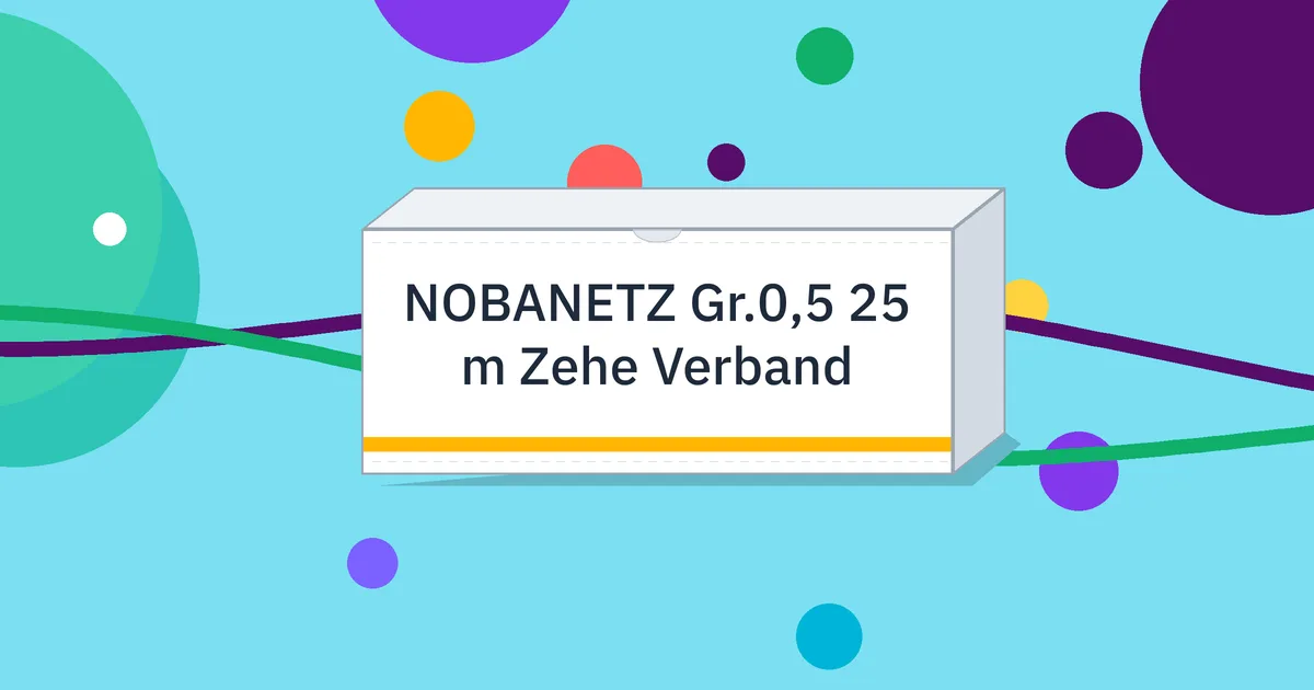 Symbolbild: Packung mit der Aufschrift NOBANETZ Gr.0,5 25 m Zehe Verband (PZN 07571585) – Verfügbarkeit und Bezug in Apotheken in Frankfurt am Main