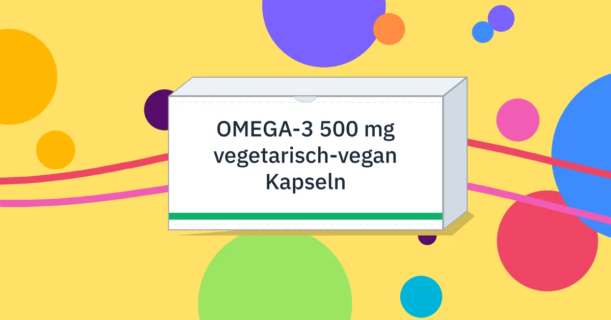Symbolbild: Packung mit der Aufschrift OMEGA-3 500 mg vegetarisch-vegan Kapseln (PZN 15737835) – Verfügbarkeit und Bezug in Apotheken in Frankfurt am Main