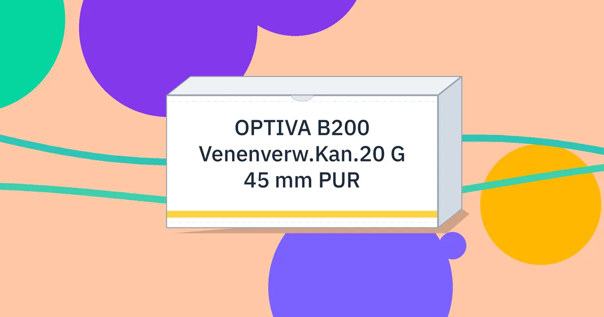 Symbolbild: Packung mit der Aufschrift OPTIVA B200 Venenverw.Kan.20 G 45 mm PUR (PZN 09106846) – Verfügbarkeit und Bezug in Apotheken in Frankfurt am Main