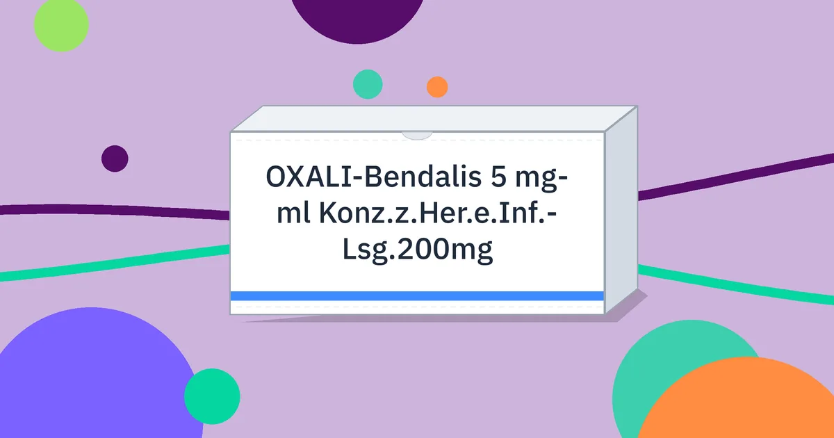 Symbolbild: Packung mit der Aufschrift OXALI-Bendalis 5 mg-ml Konz.z.Her.e.Inf.-Lsg.200mg (PZN 16624599) – Verfügbarkeit und Bezug in Apotheken in Frankfurt am Main