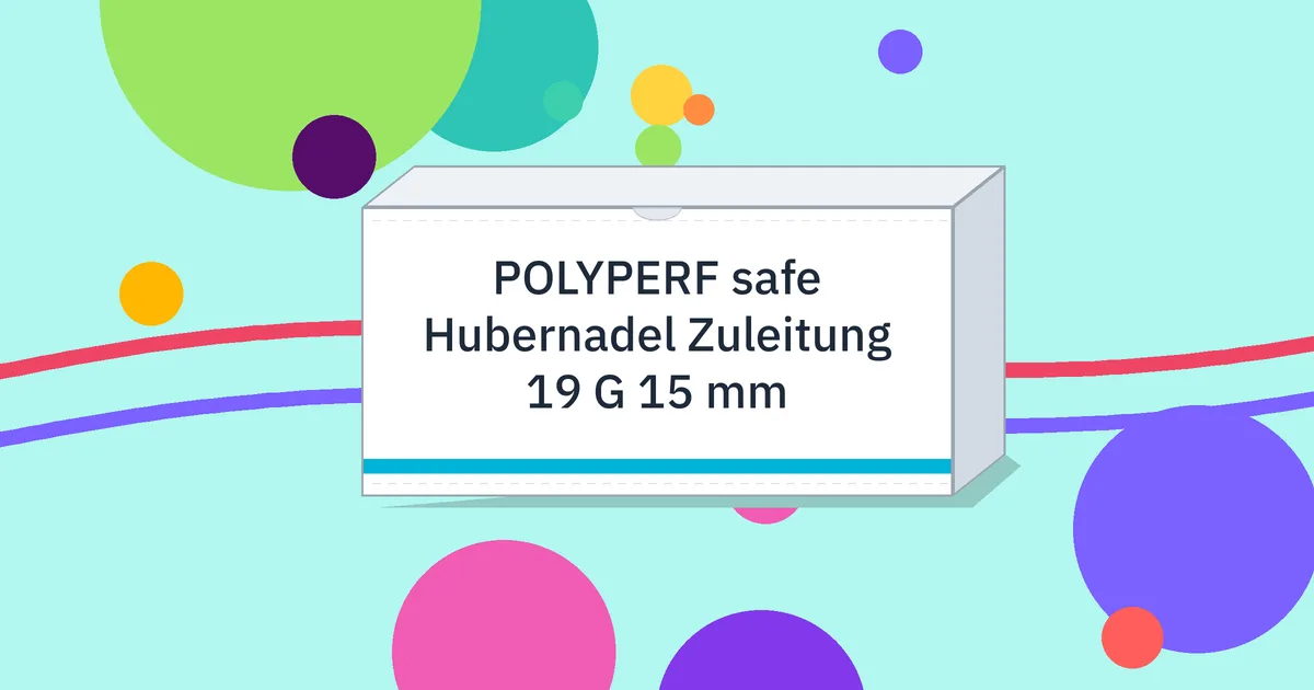 Symbolbild: Packung mit der Aufschrift POLYPERF safe Hubernadel Zuleitung 19 G 15 mm (PZN 12426230) – Verfügbarkeit und Bezug in Apotheken in Frankfurt am Main