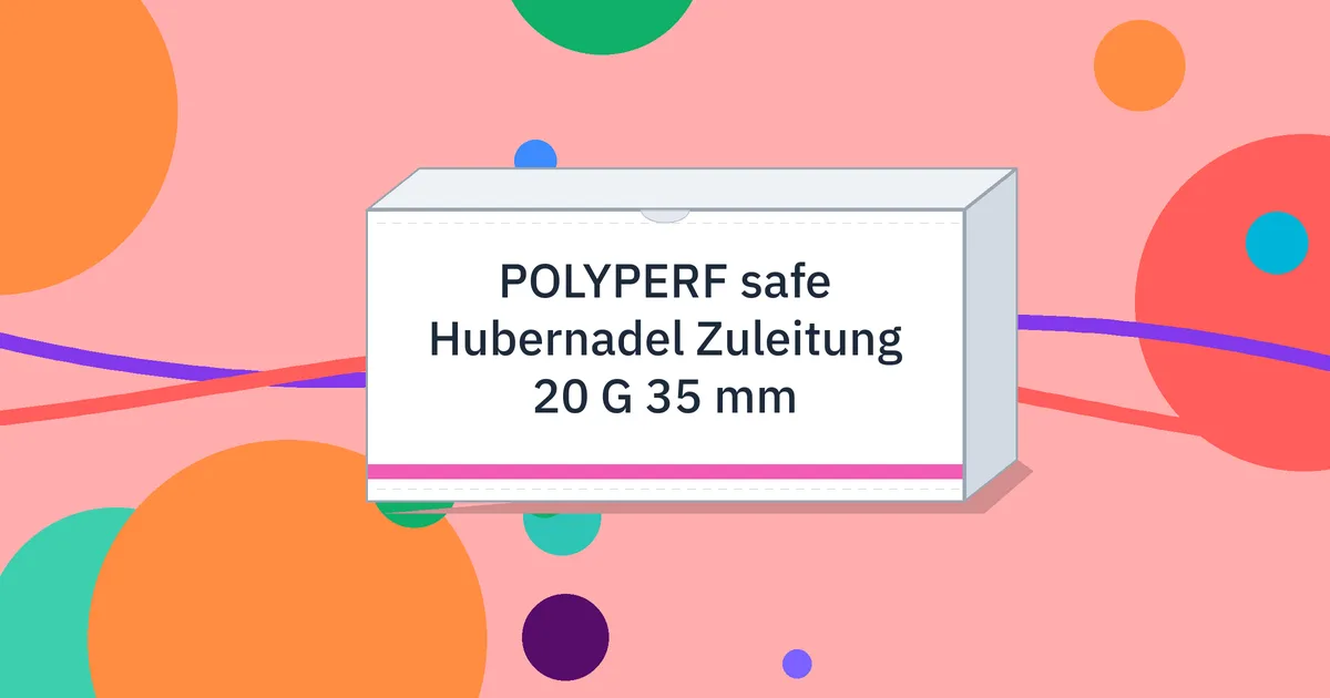 Symbolbild: Packung mit der Aufschrift POLYPERF safe Hubernadel Zuleitung 20 G 35 mm (PZN 13866385) – Verfügbarkeit und Bezug in Apotheken in Frankfurt am Main