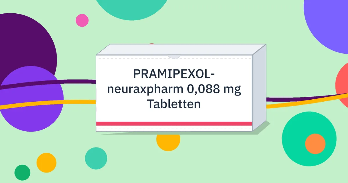 Symbolbild: Packung mit der Aufschrift PRAMIPEXOL-neuraxpharm 0,088 mg Tabletten (PZN 07408810) – Verfügbarkeit und Bezug in Apotheken in Frankfurt am Main