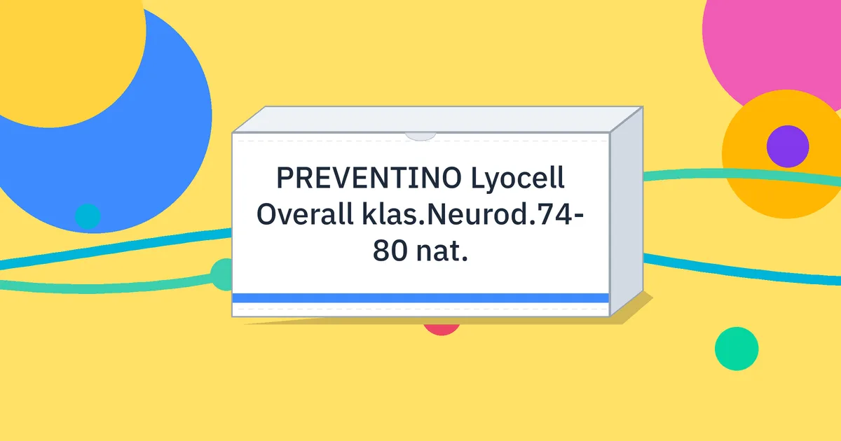 Symbolbild: Packung mit der Aufschrift PREVENTINO Lyocell Overall klas.Neurod.74-80 nat. (PZN 16895602) – Verfügbarkeit und Bezug in Apotheken in Frankfurt am Main