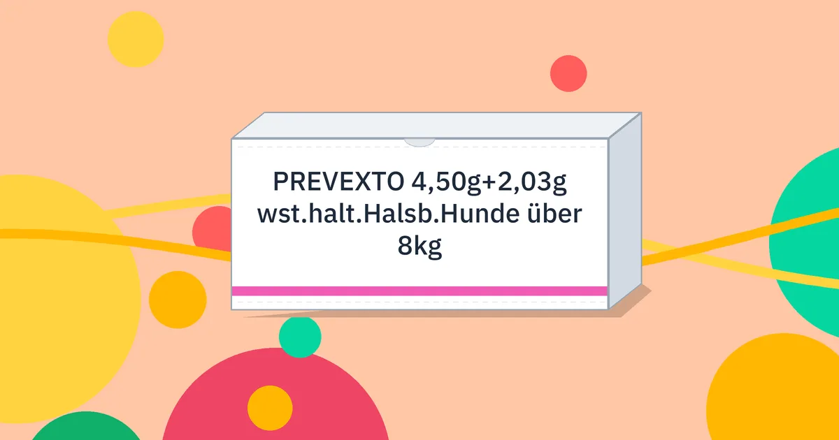 Symbolbild: Packung mit der Aufschrift PREVEXTO 4,50g+2,03g wst.halt.Halsb.Hunde über 8kg (PZN 20609387) – Verfügbarkeit und Bezug in Apotheken in Frankfurt am Main