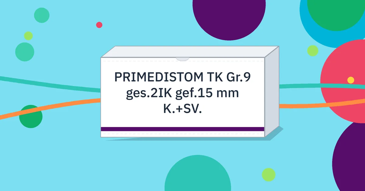 Symbolbild: Packung mit der Aufschrift PRIMEDISTOM TK Gr.9 ges.2IK gef.15 mm K.+SV. (PZN 10928269) – Verfügbarkeit und Bezug in Apotheken in Frankfurt am Main