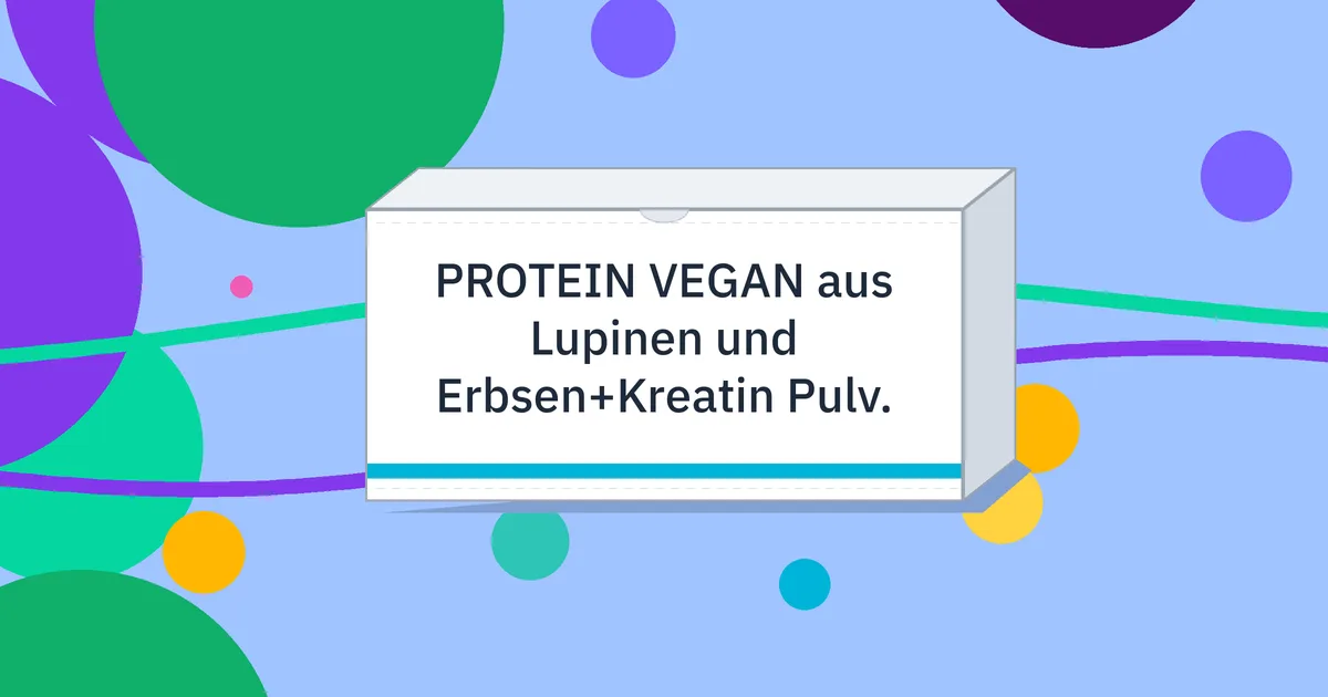 Symbolbild: Packung mit der Aufschrift PROTEIN VEGAN aus Lupinen und Erbsen+Kreatin Pulv. (PZN 19868959) – Verfügbarkeit und Bezug in Apotheken in Frankfurt am Main